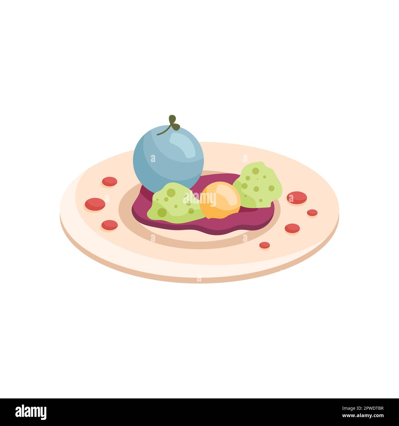 Molecular round blue food on white plate cartoon illustration Stock ...
