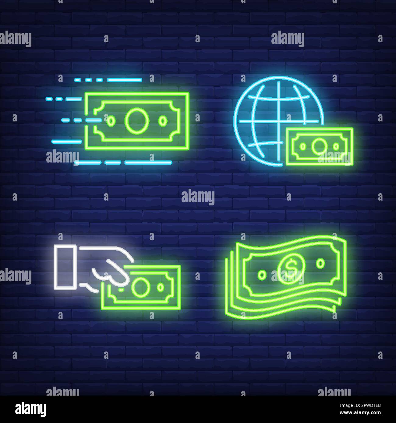 Dollar bills, hand and earth globe neon signs set Stock Vector Image ...