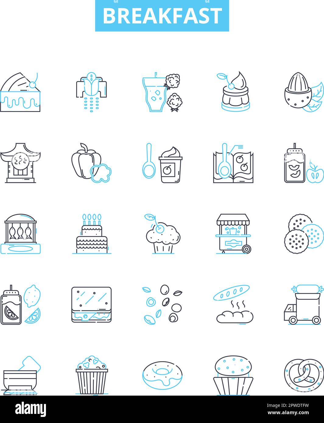 Breakfast vector line icons set. Eggs, Toast, Oatmeal, Pancakes, Cereal ...