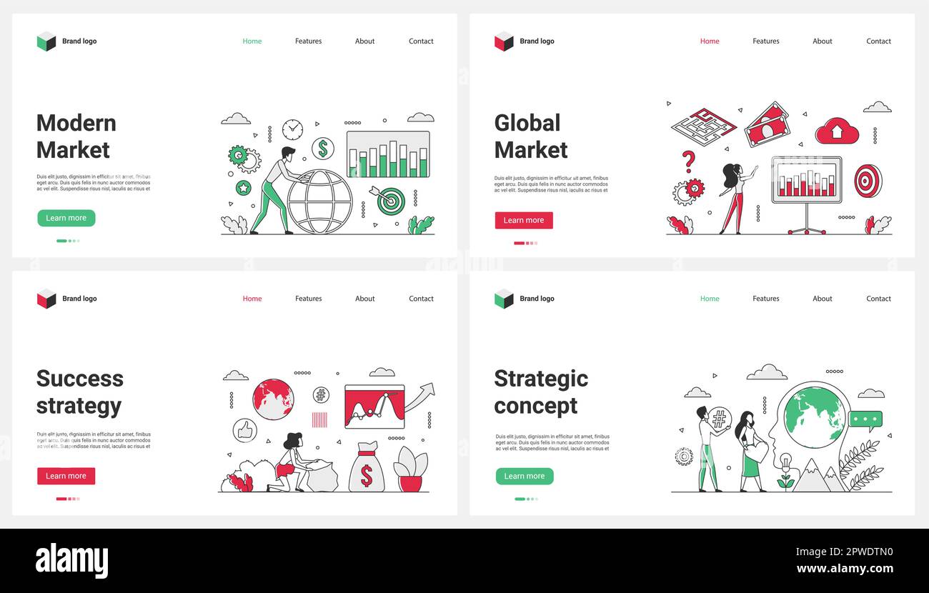 Global stock market, strategy success set vector illustration. Cartoon ...