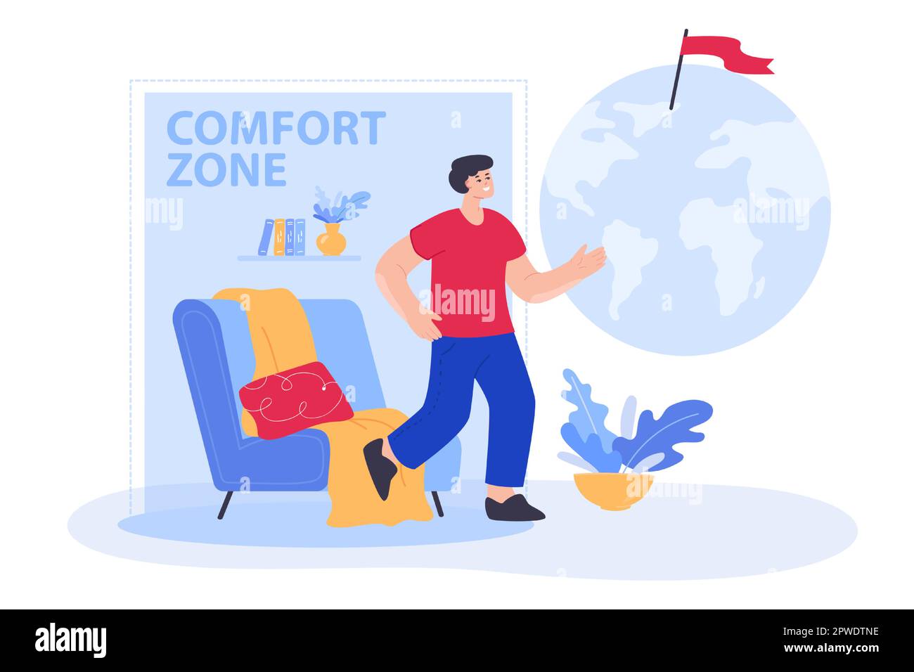 Man moving out of his comfort zone flat vector illustration Stock ...