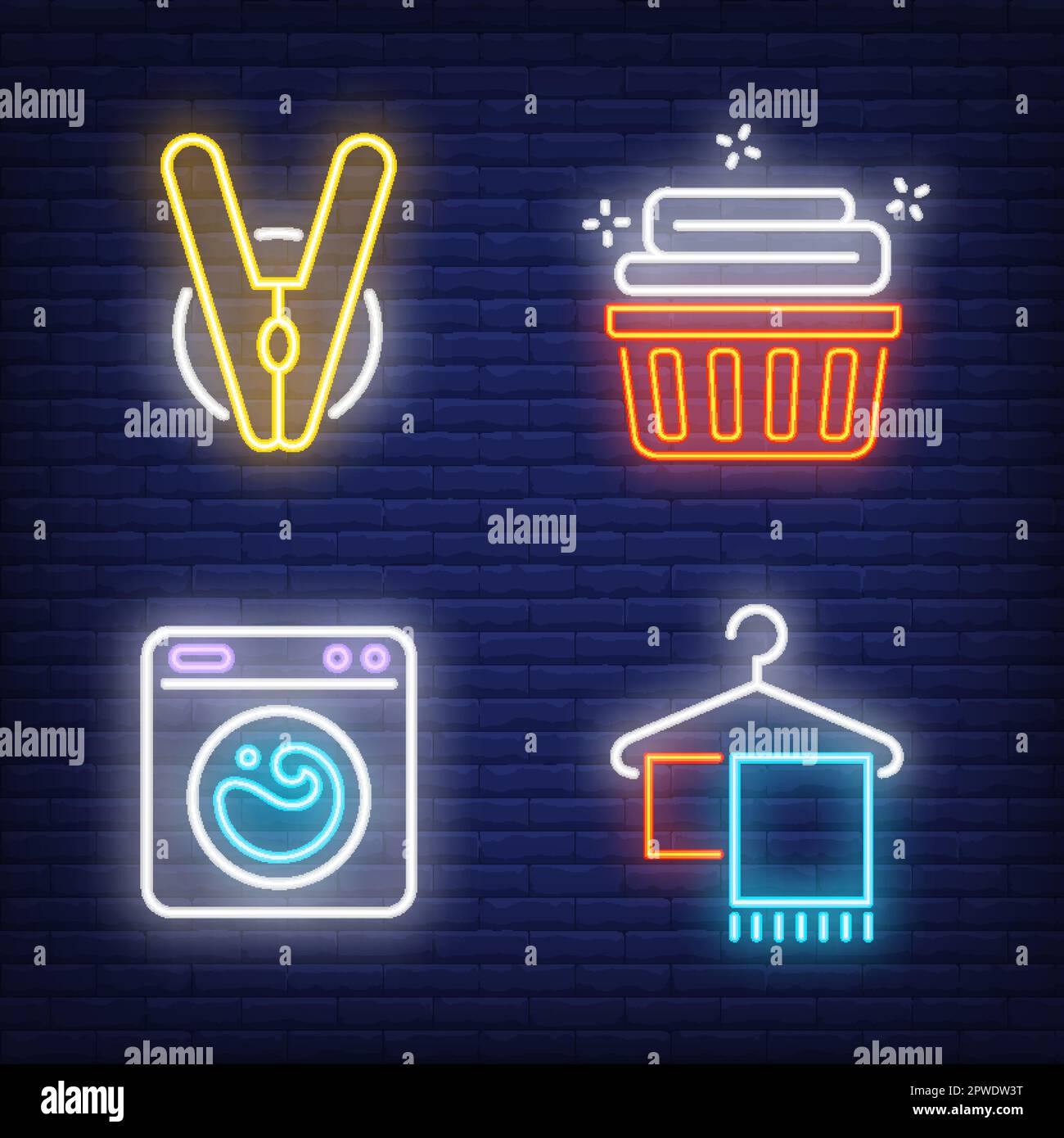 Washing machine, clean linen and clothes peg neon signs set Stock ...