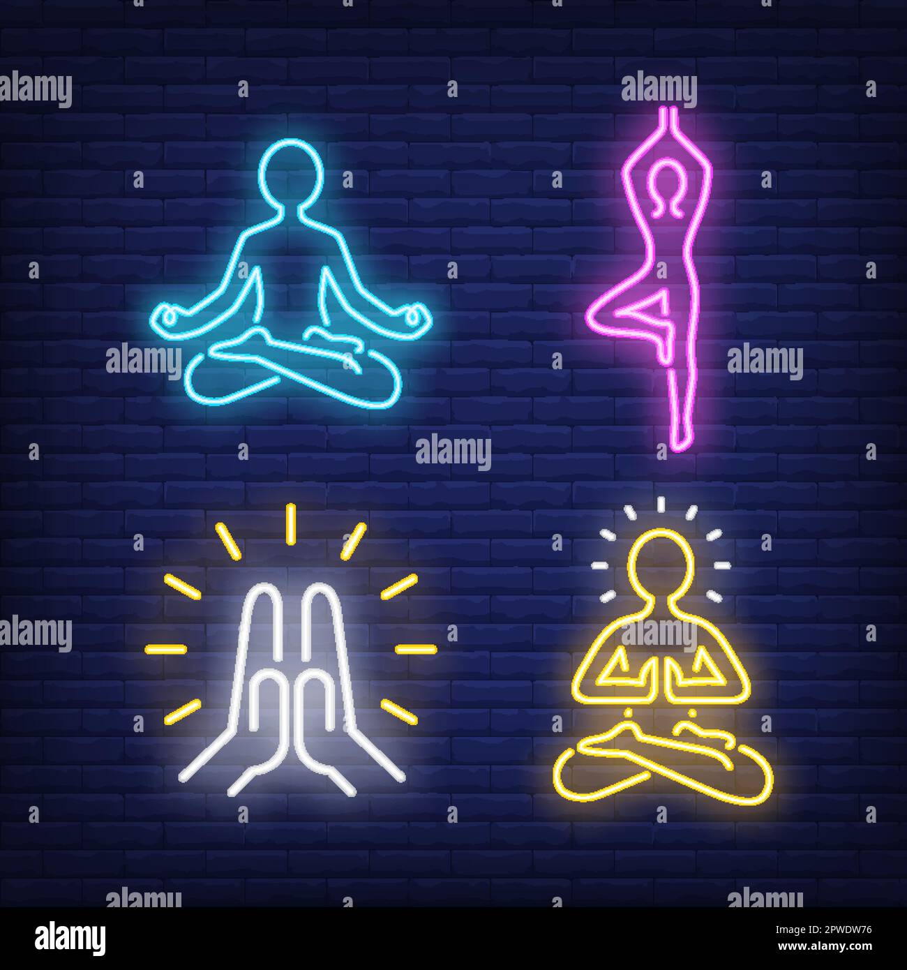 People meditating and doing yoga neon signs set Stock Vector Image ...