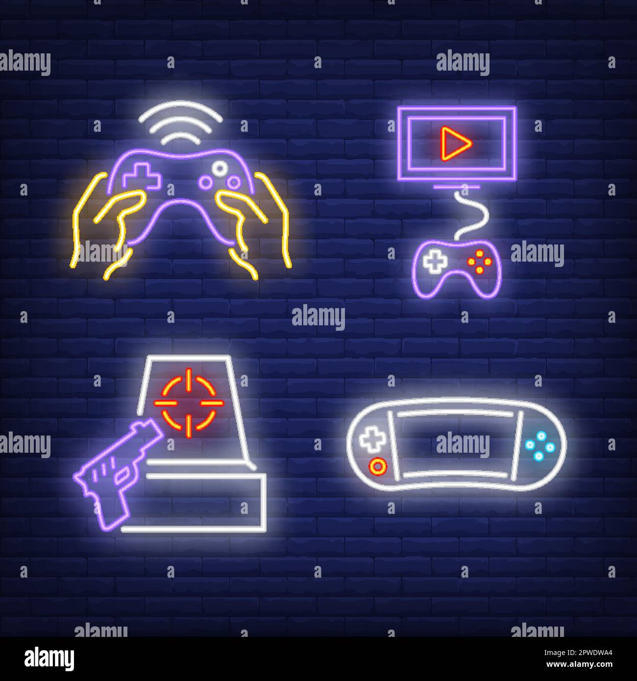 Videogame console, joystick and shooter game neon signs set Stock ...