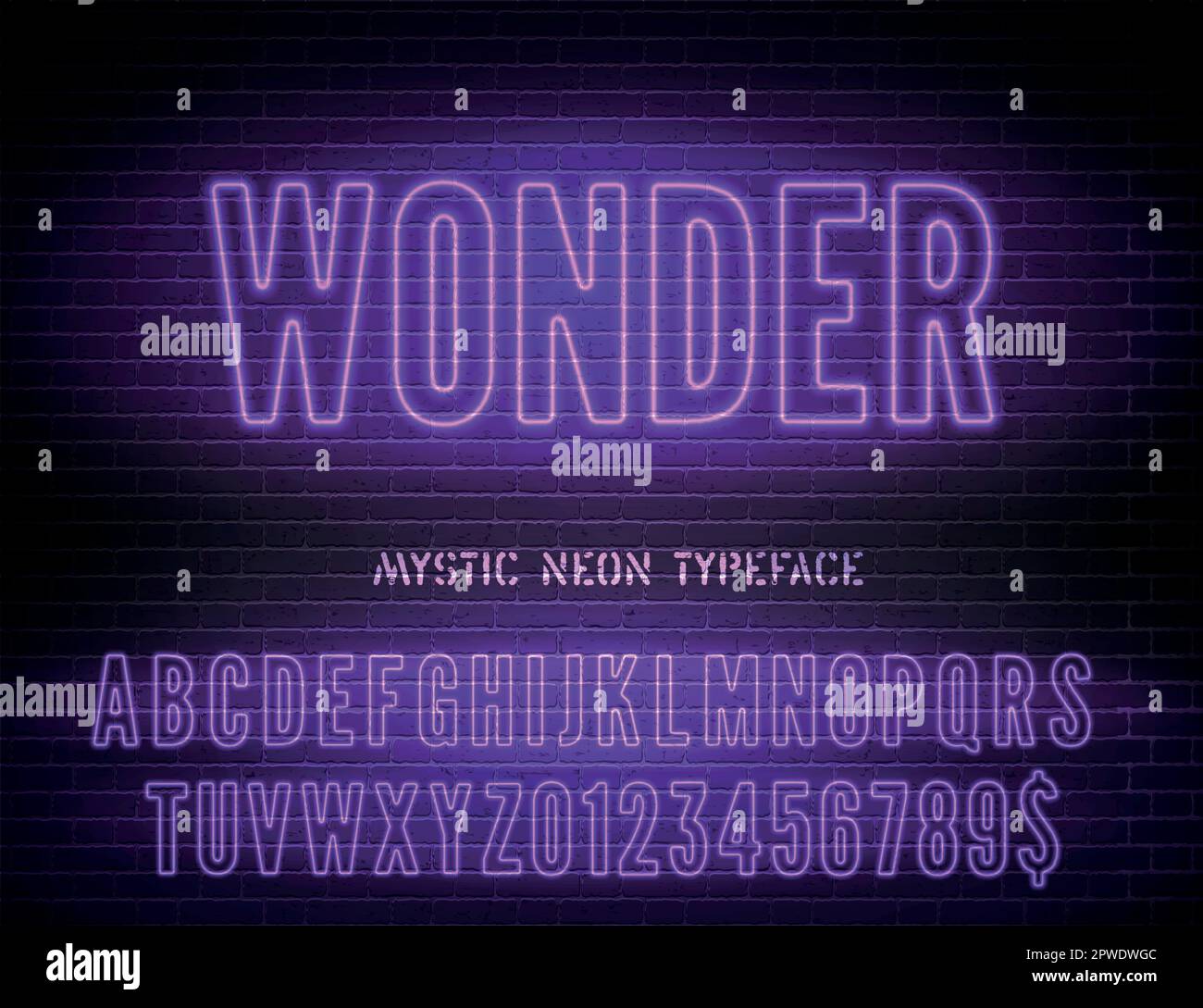 Wonder sign with purple neon hollow alphabet on dark brick wall ...