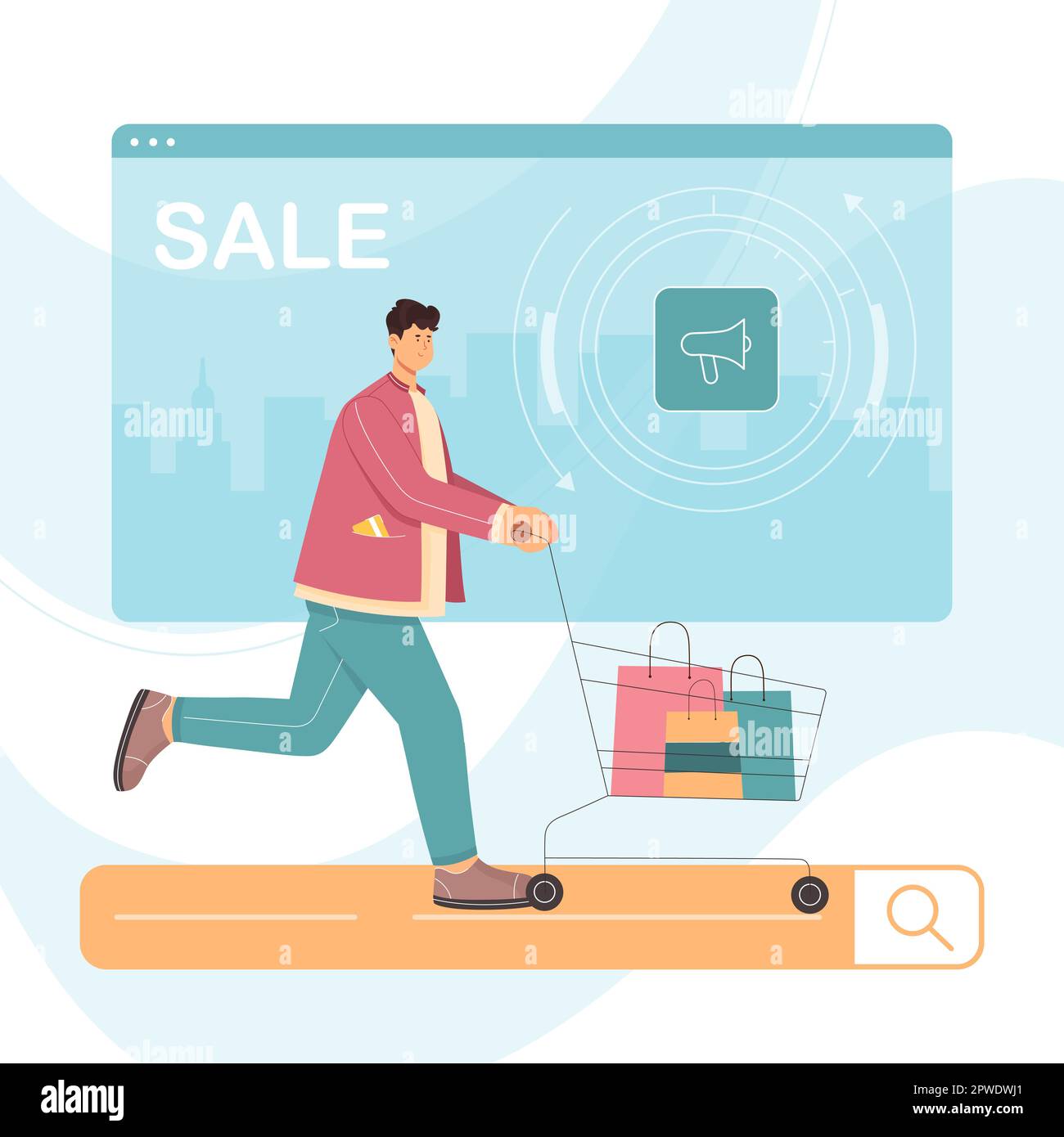 Shopper running with supermarket cart to hurry on sales with low price ...