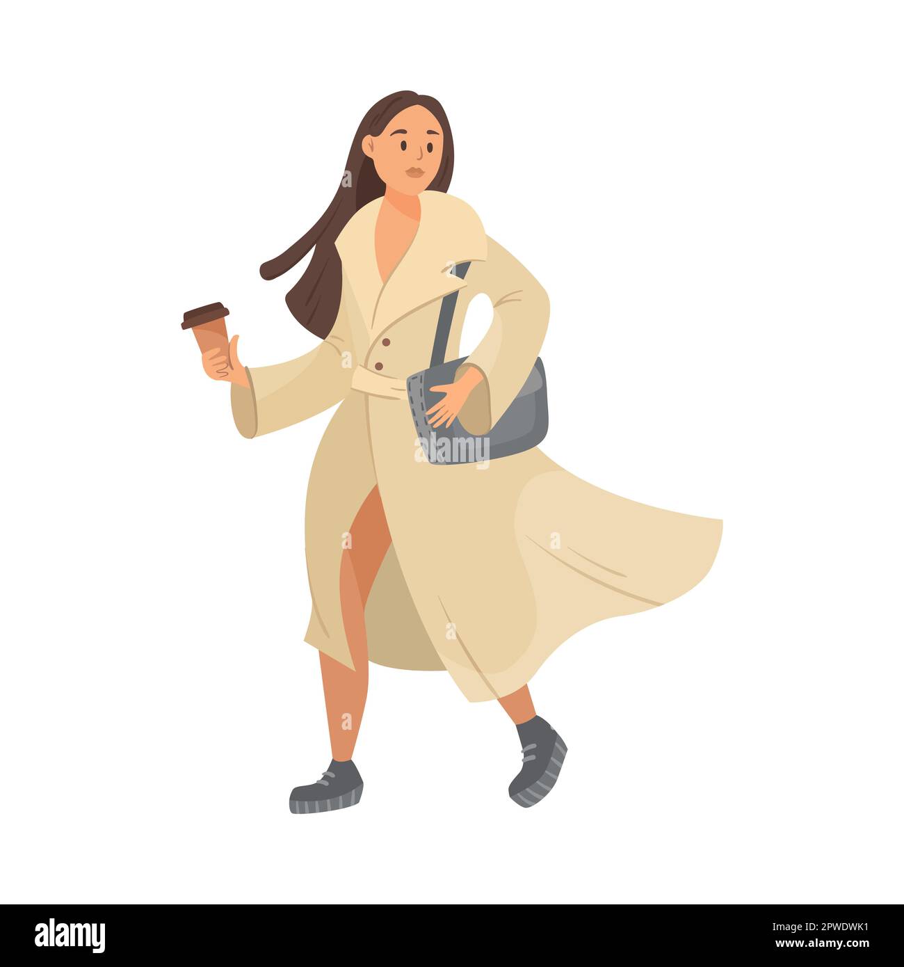 Busy woman in hurry with coffee in white coat cartoon illustration ...
