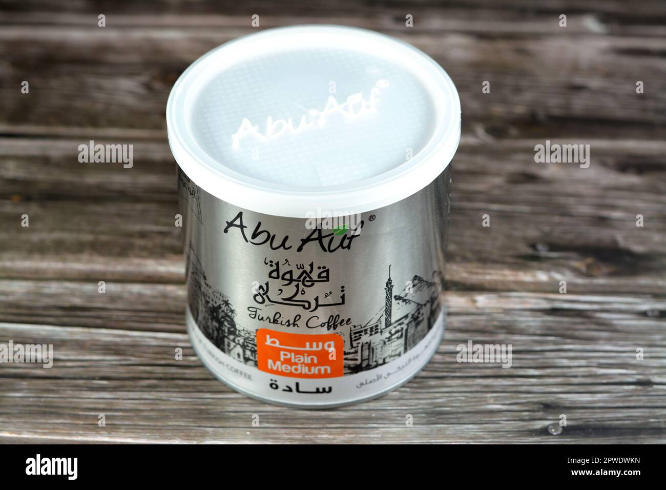 Cairo, Egypt, April 28 2023: Abu Auf plain medium Turkish coffee, Grind ...