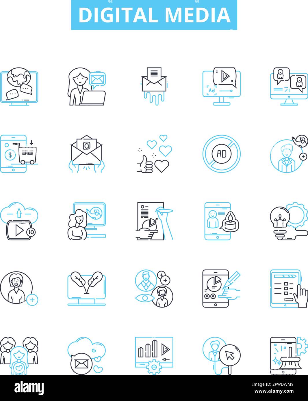 Digital media vector line icons set. Digital, Media, Technology, Advertising, Social, Platforms ...