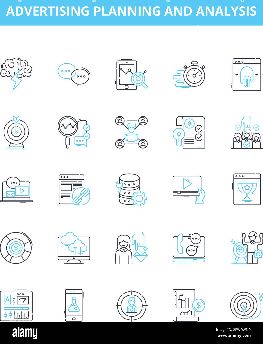 Advertising planning and analysis vector line icons set. Advertising ...