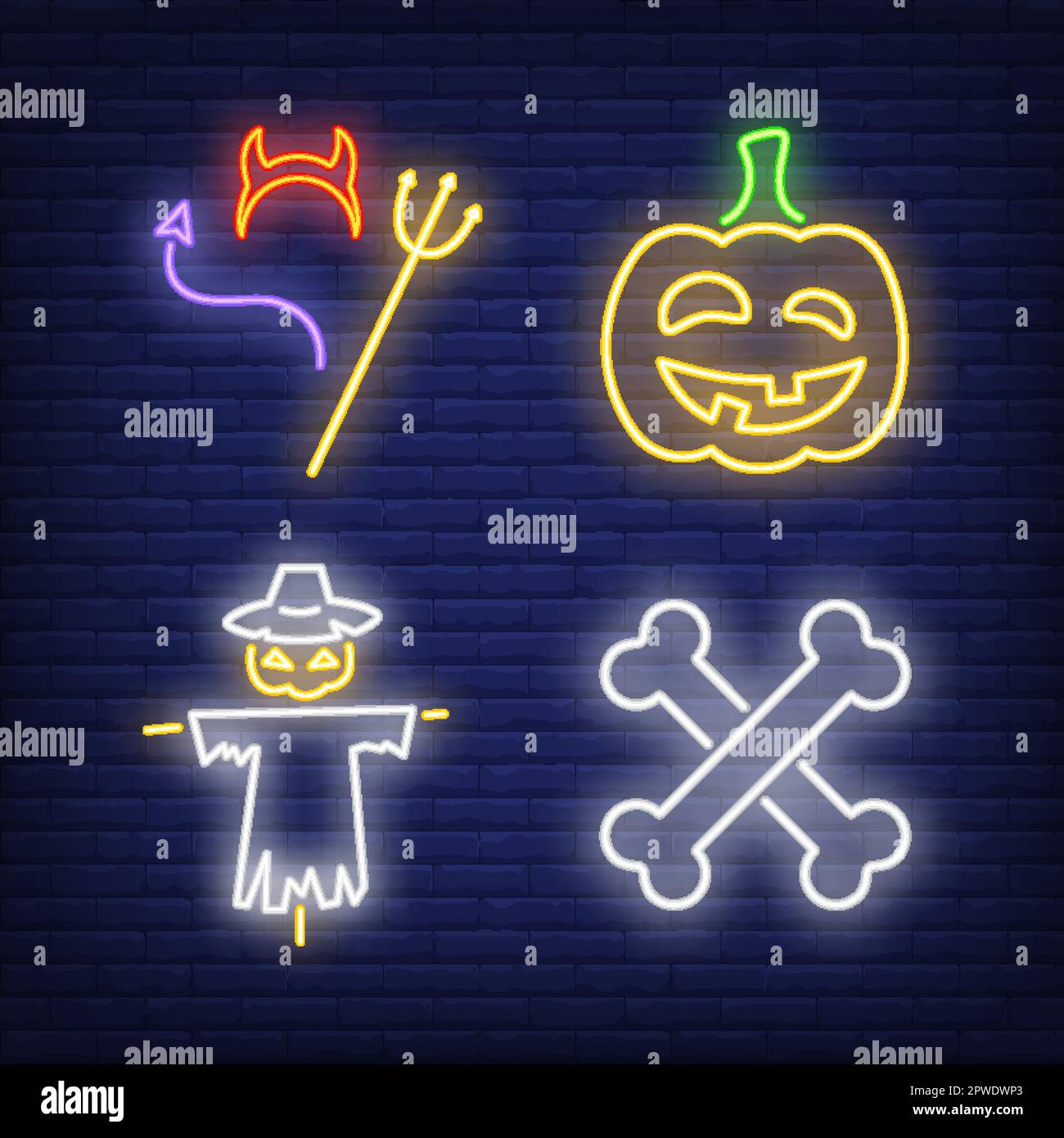 Pumpkin, bones, scarecrow, trident and horns neon signs set Stock ...