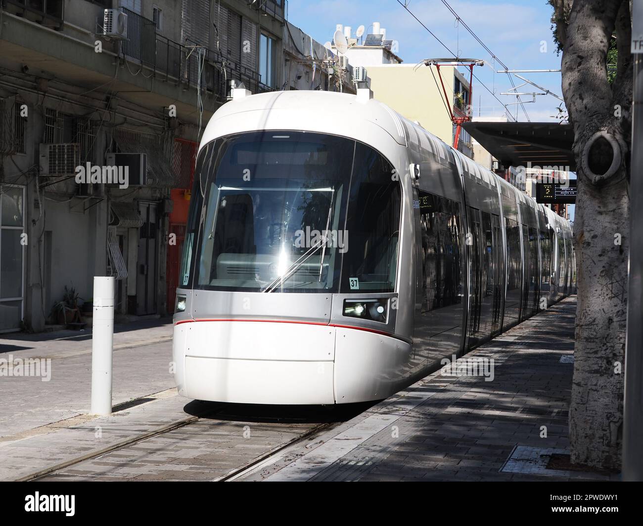 TEL-AVIV-JAFFA, ISRAEL - FEBRUARY 03, 2023: new white tram on city ...