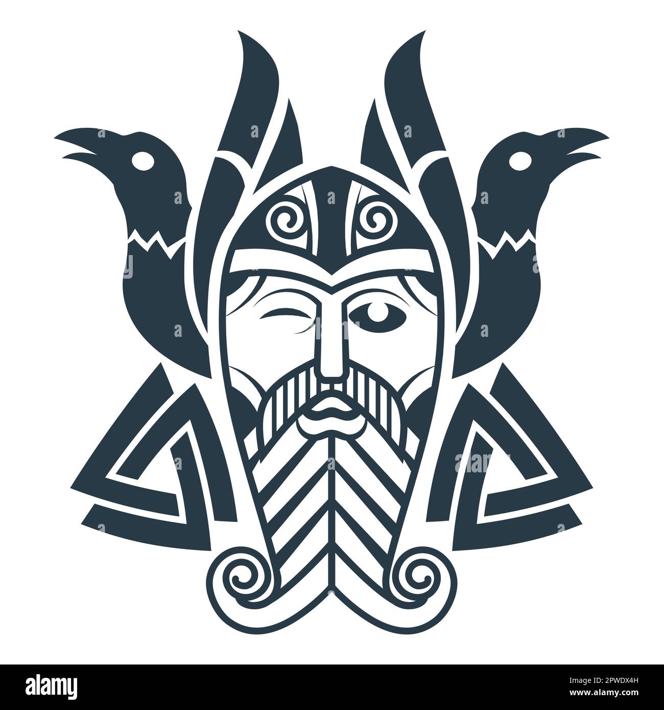 Design in Old Norse style. Supreme God Odin, two Crows and runic signs ...