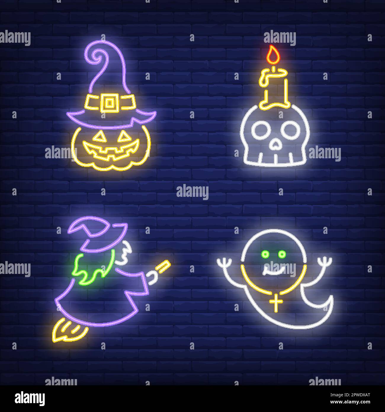 Pumpkin, witch, ghost and skull neon signs set Stock Vector Image & Art ...