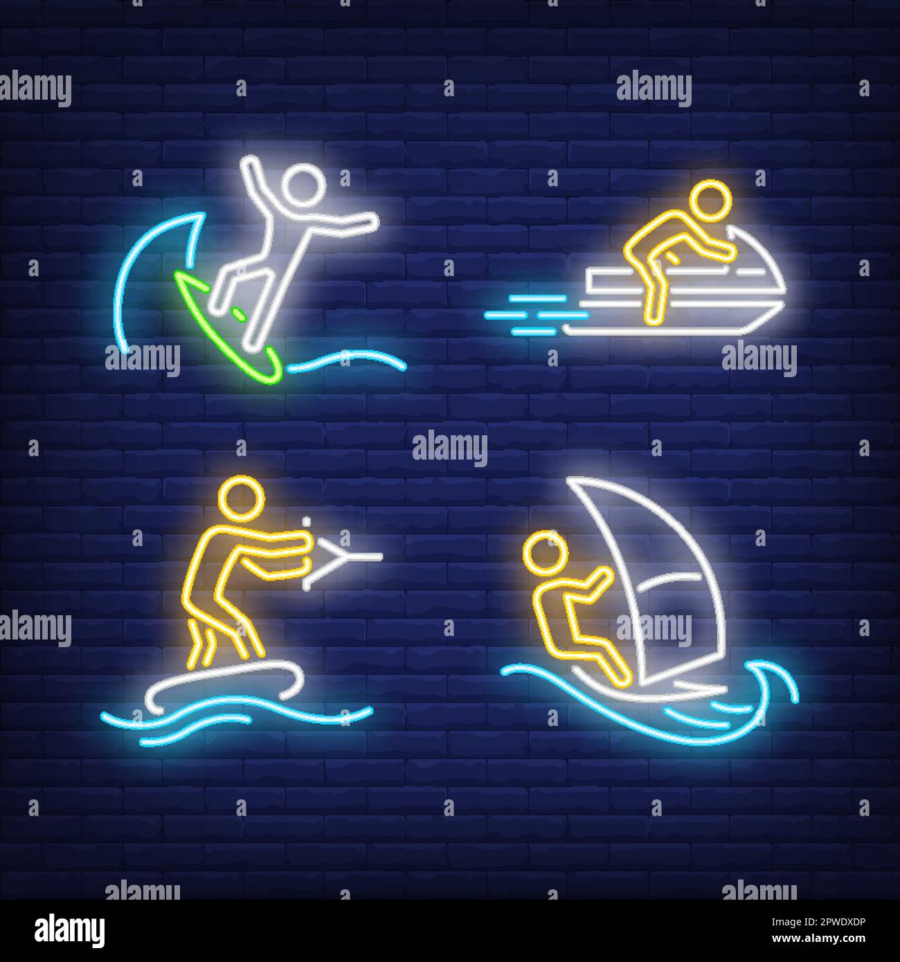 People surfing, riding on jet ski and wakeboarding neon signs set Stock ...