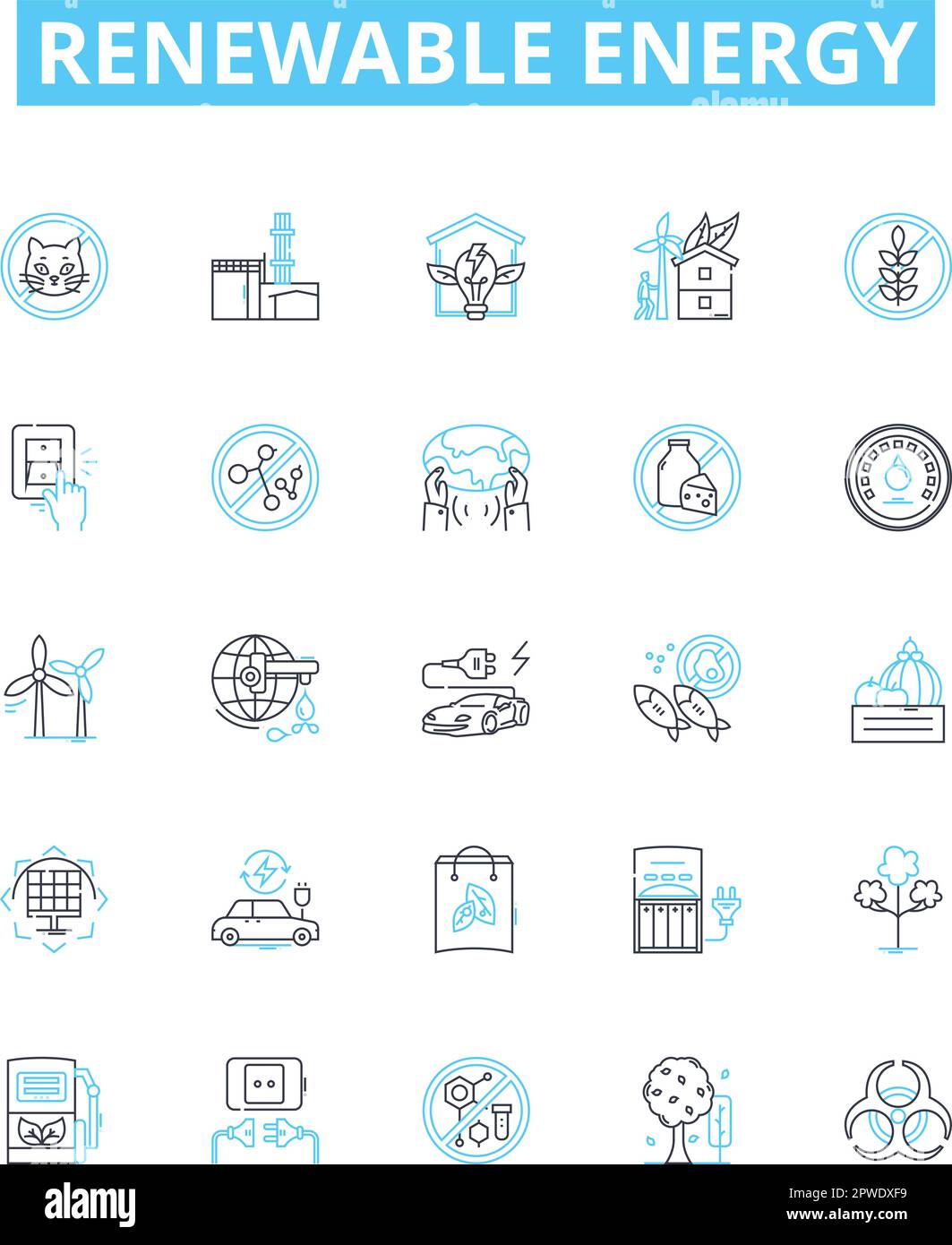 Renewable energy vector line icons set. Solar, Wind, Hydro, Biomass, Geothermal, Tidal, Wave ...