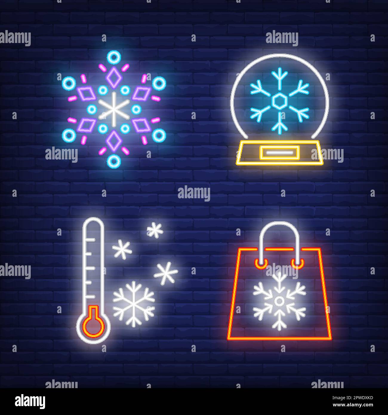 Snowflake, snow globe, bag and outdoor thermometer neon signs Stock ...