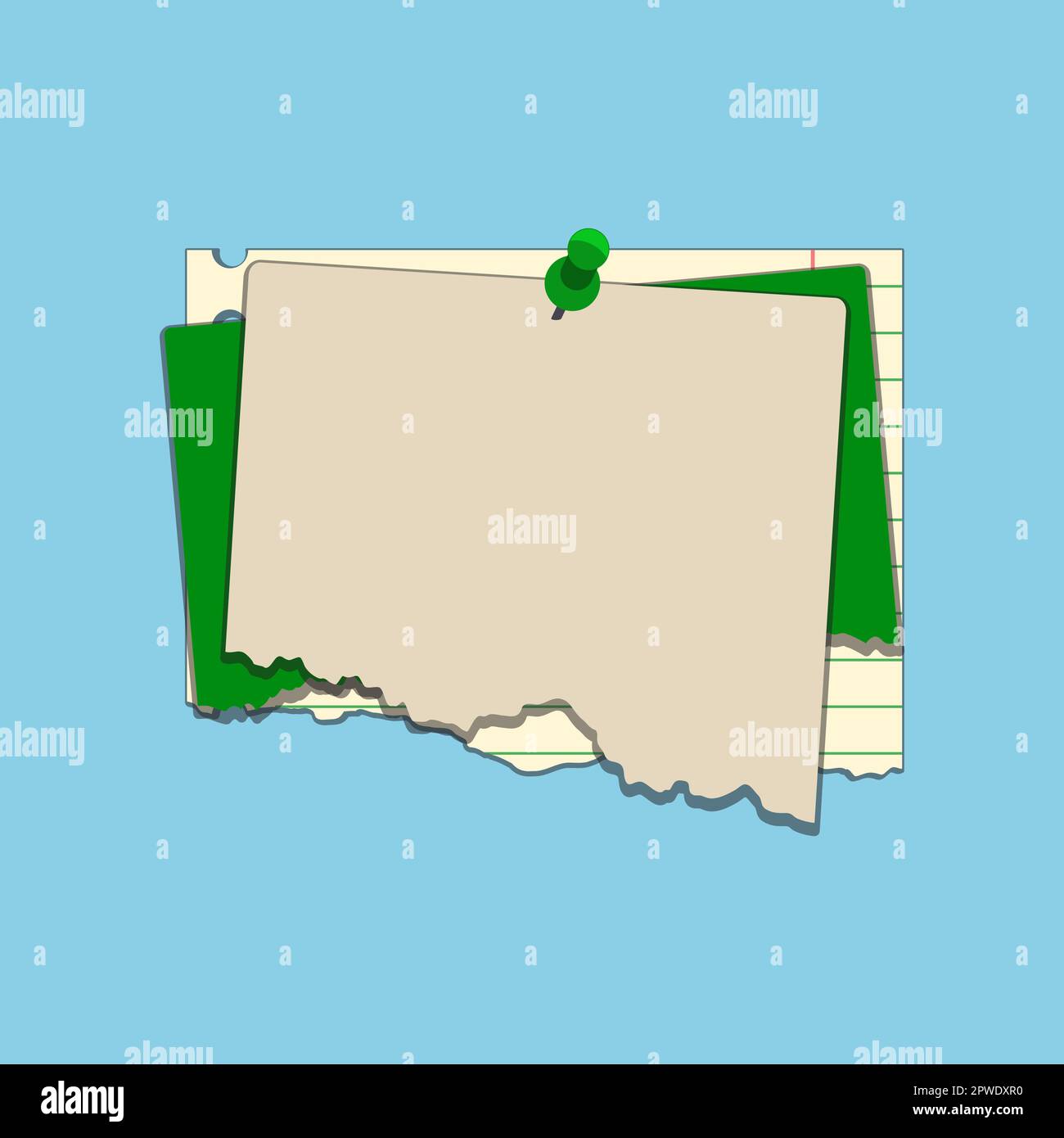 Different pieces of paper with green pin for scrapbook illustration ...