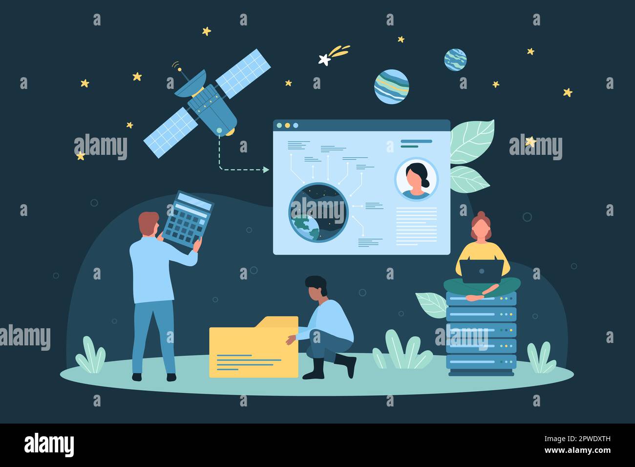 Space discovery vector illustration. Cartoon astronomers discover stars ...