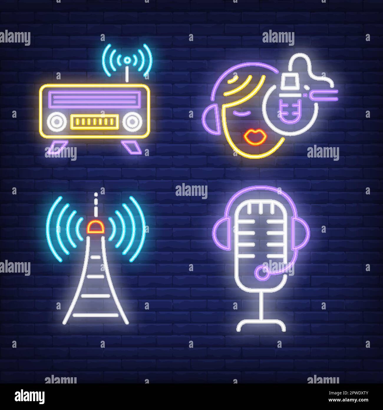 Radio, microphone, transmitting tower and presenter neon signs Stock Vector Image & Art - Alamy