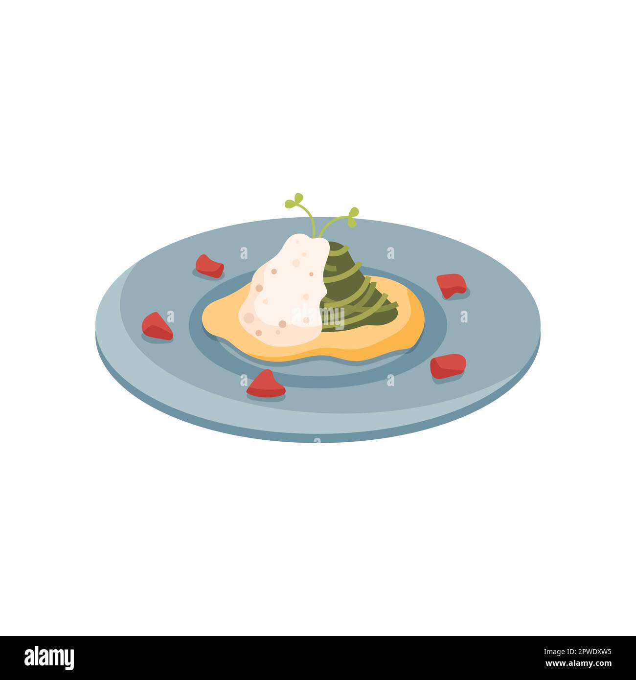 Molecular white and green food on blue plate cartoon illustration Stock ...
