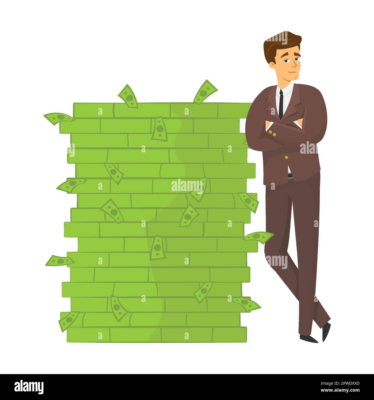 Happy rich man against backdrop of mountain of money in bank vault ...