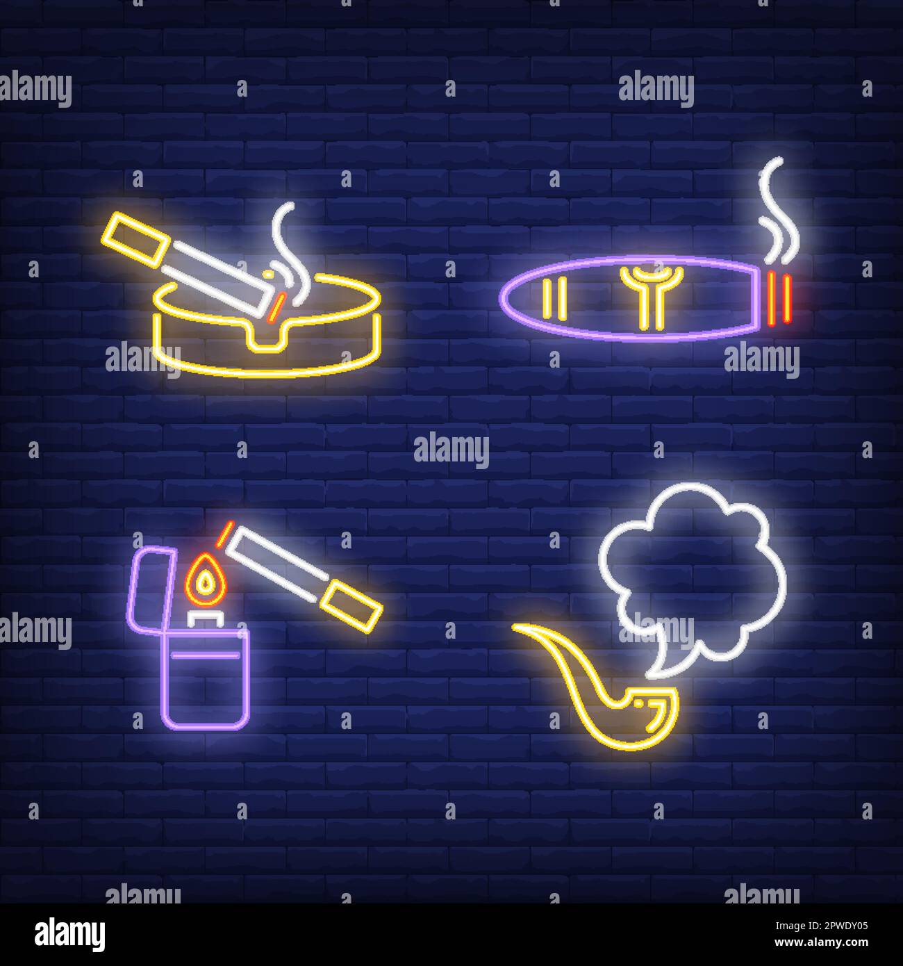 Cigarette in ashtray, smoking pipe and lighter neon signs set Stock ...