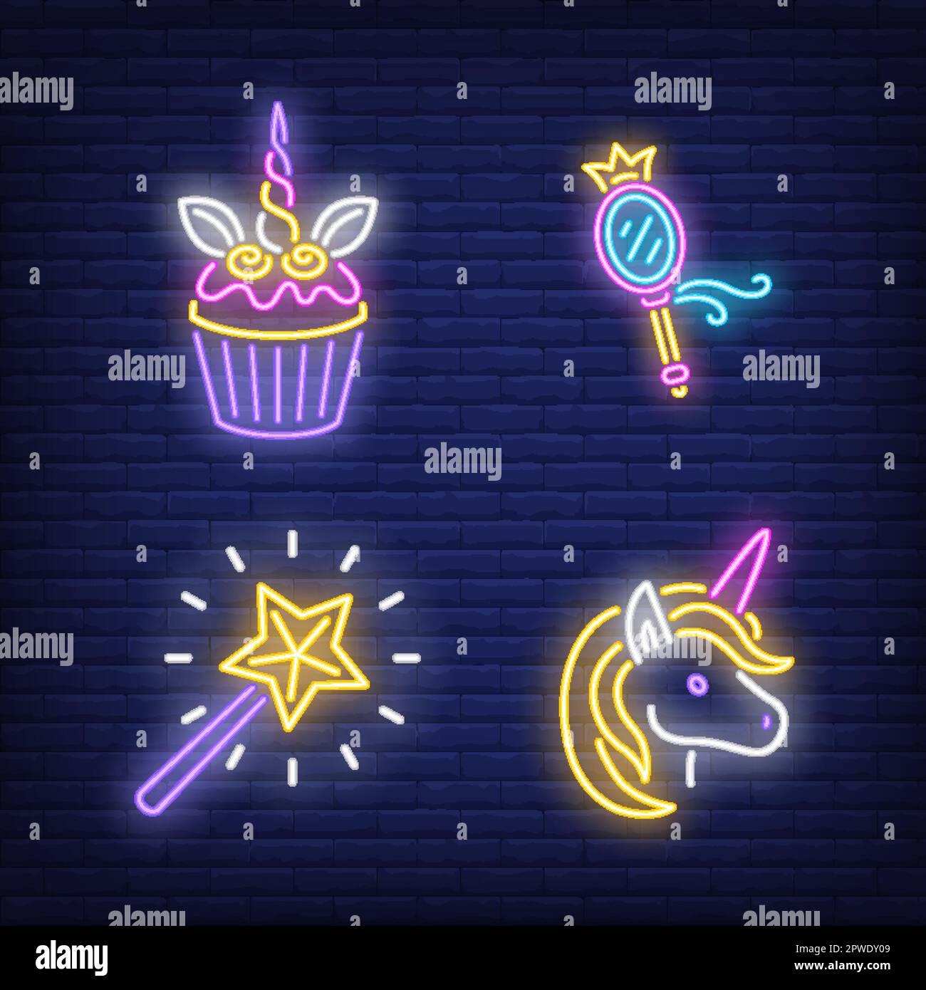 Cupcake, mirror, magic wand and unicorn neon signs set Stock Vector ...