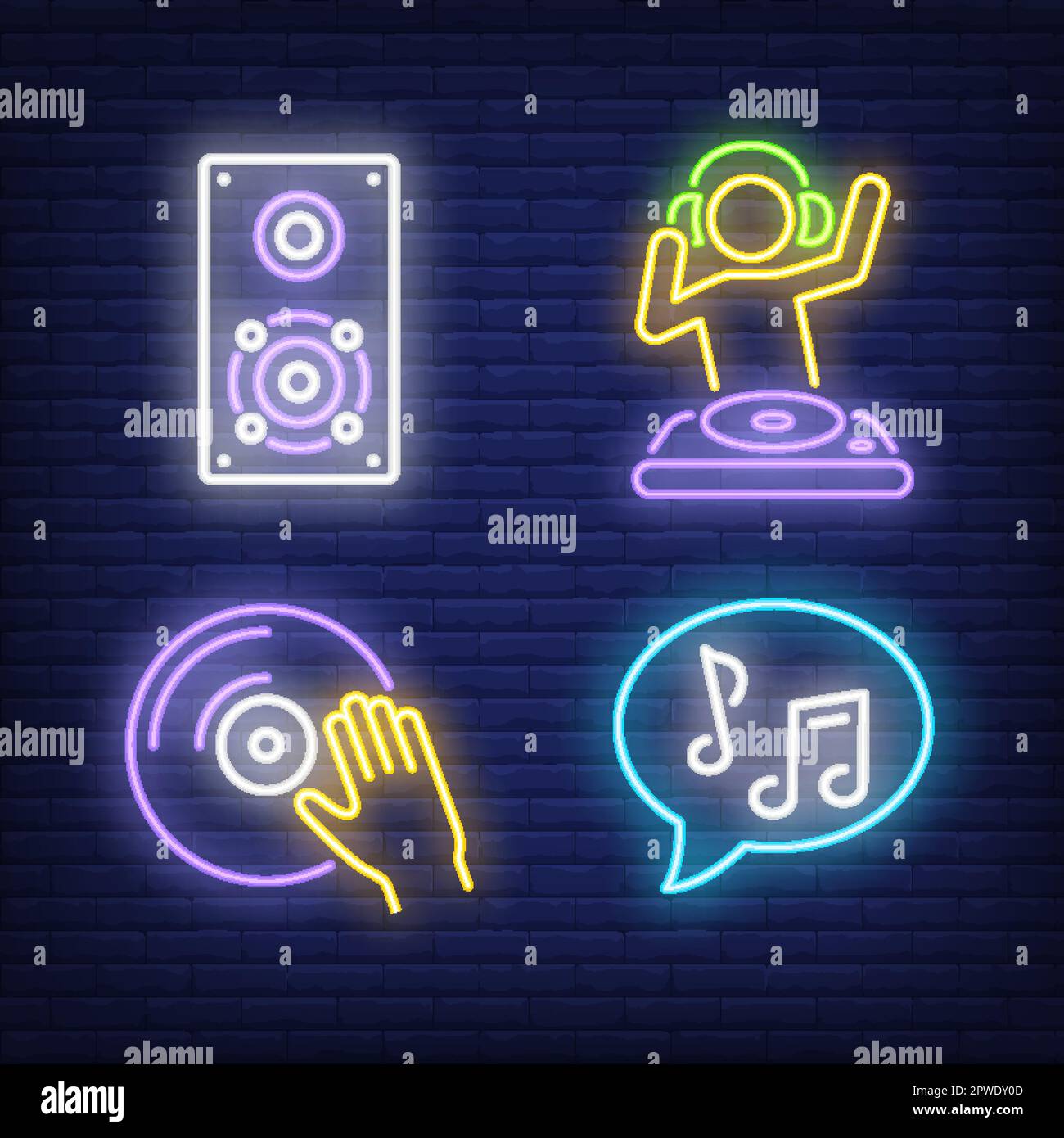 Vinyl disk, DJ, music notes and loudspeaker neon signs set Stock Vector ...