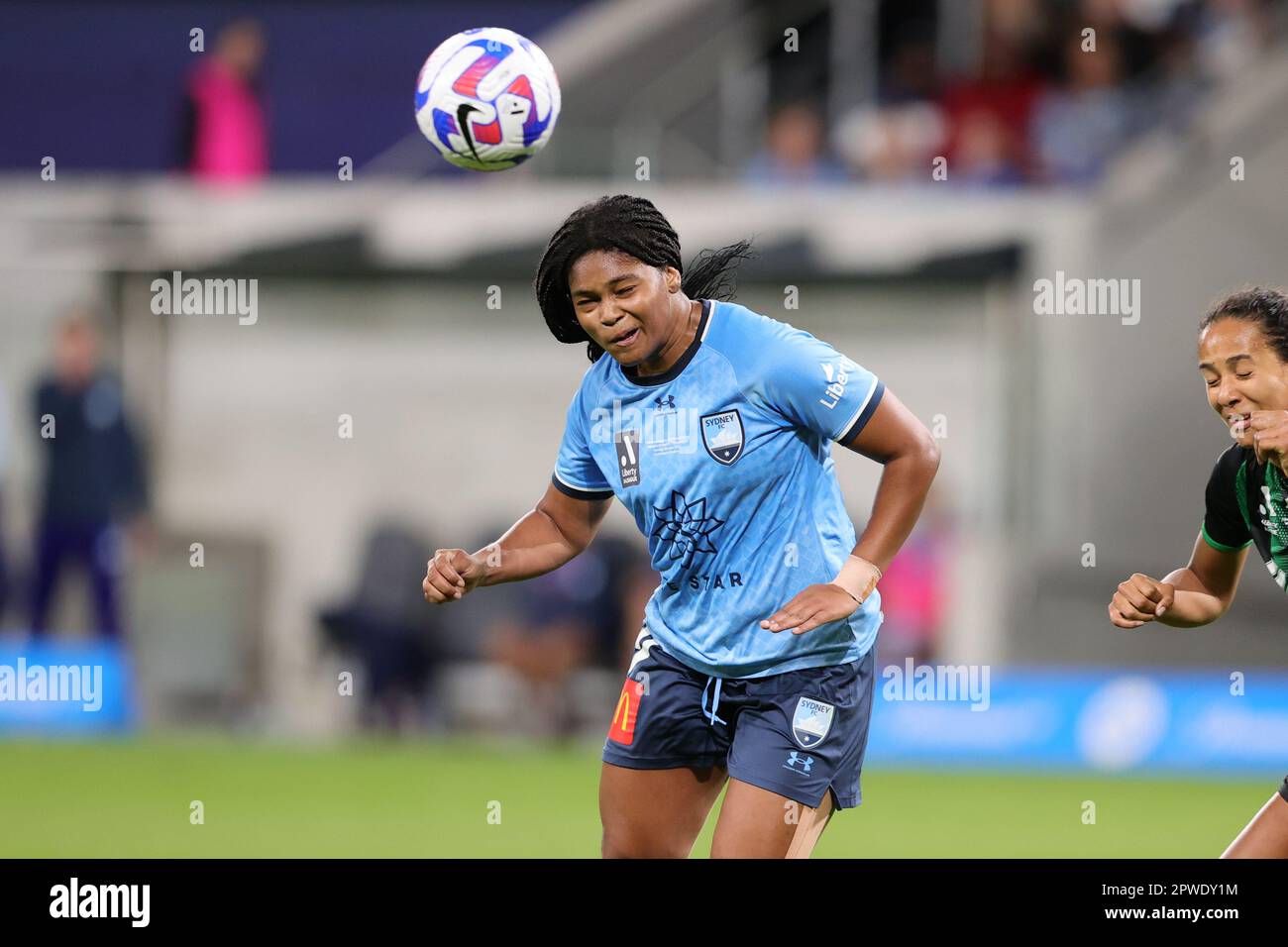 Sydney, Australia. 30th Apr, 2023. Madison Haley of Sydney FC heads the ...
