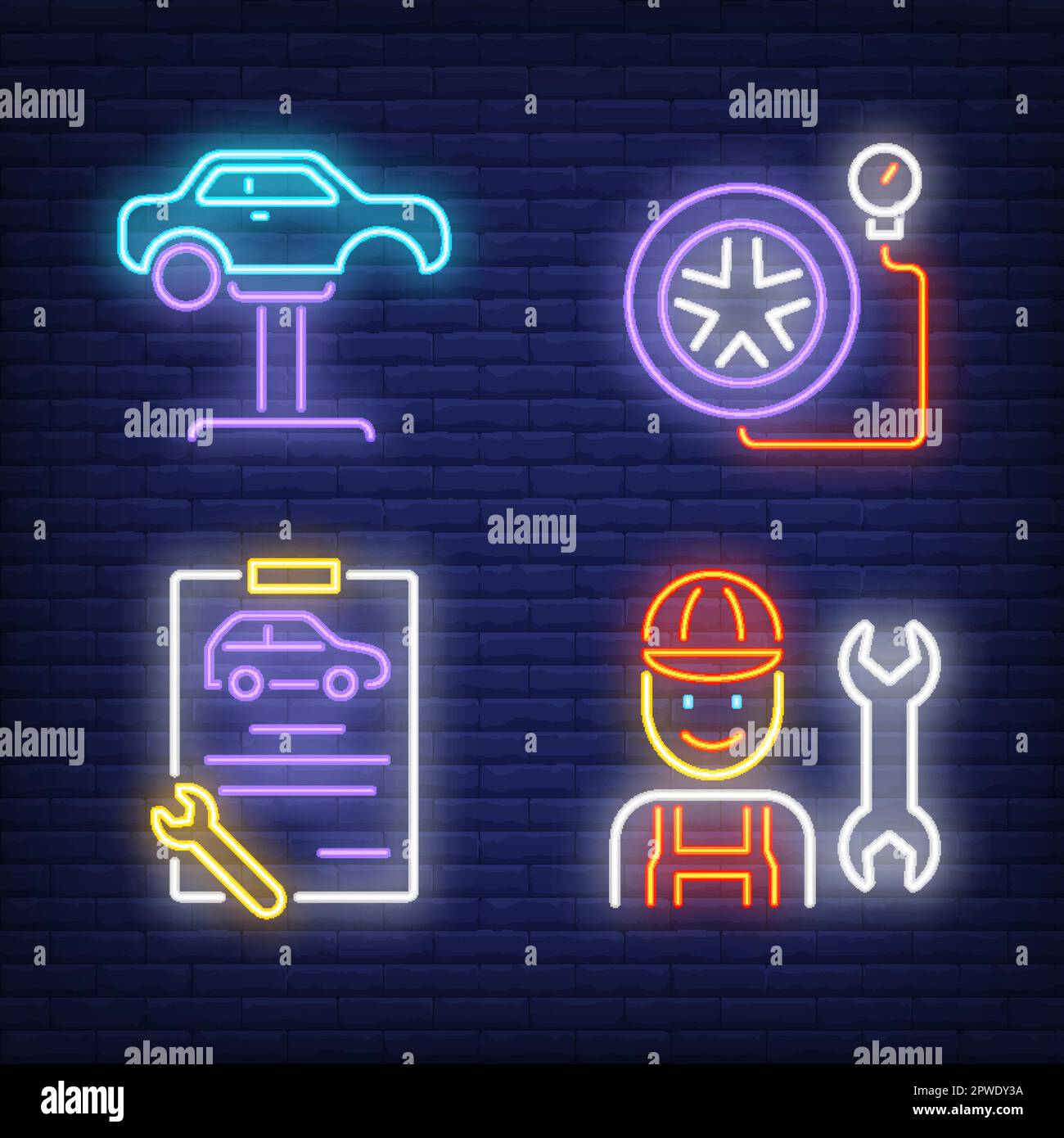 Mechanic, wrench, tire, clipboard and auto lift neon signs set Stock ...