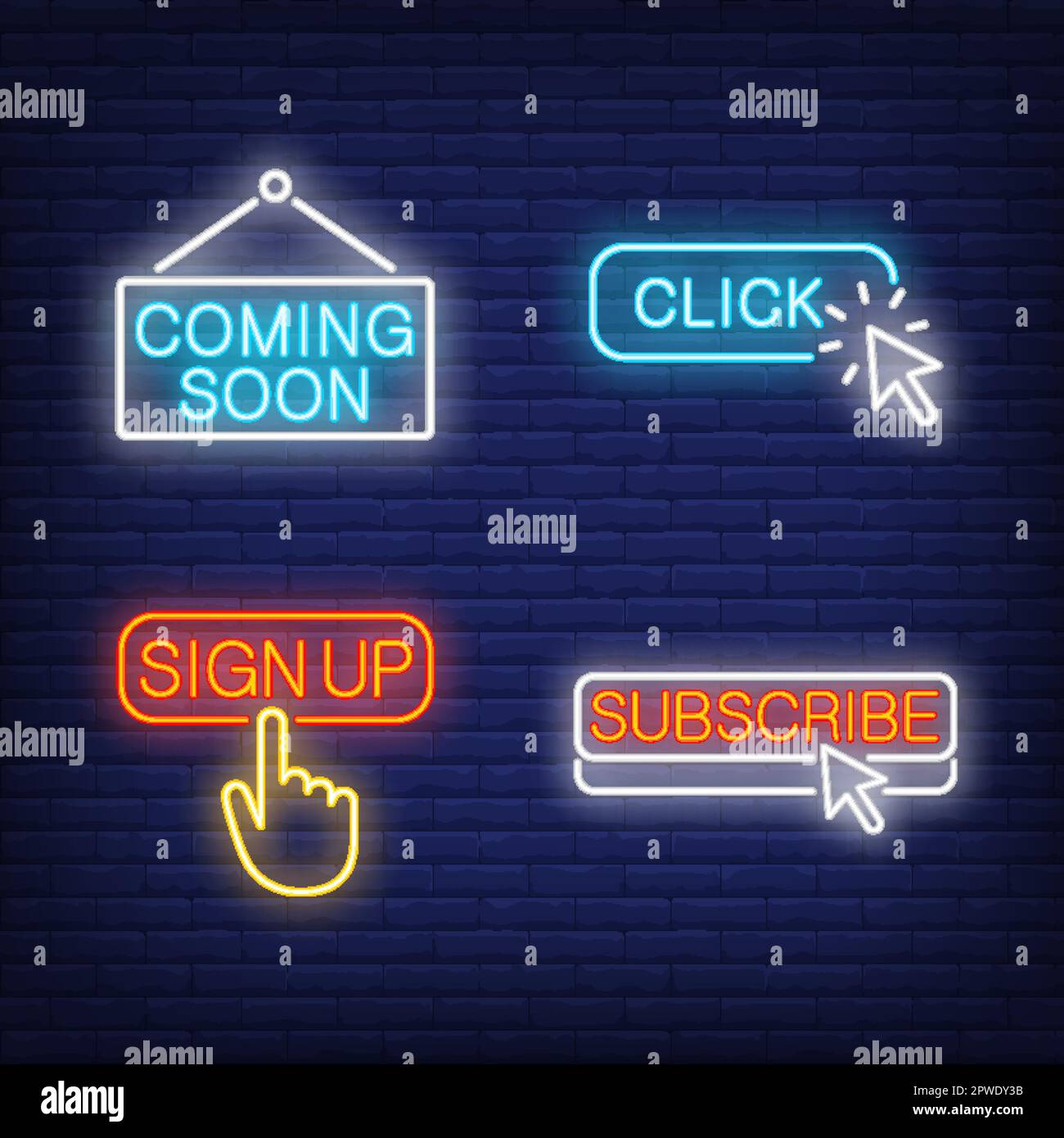 Coming soon, click, sign up, subscribe neon letterings set Stock Vector ...