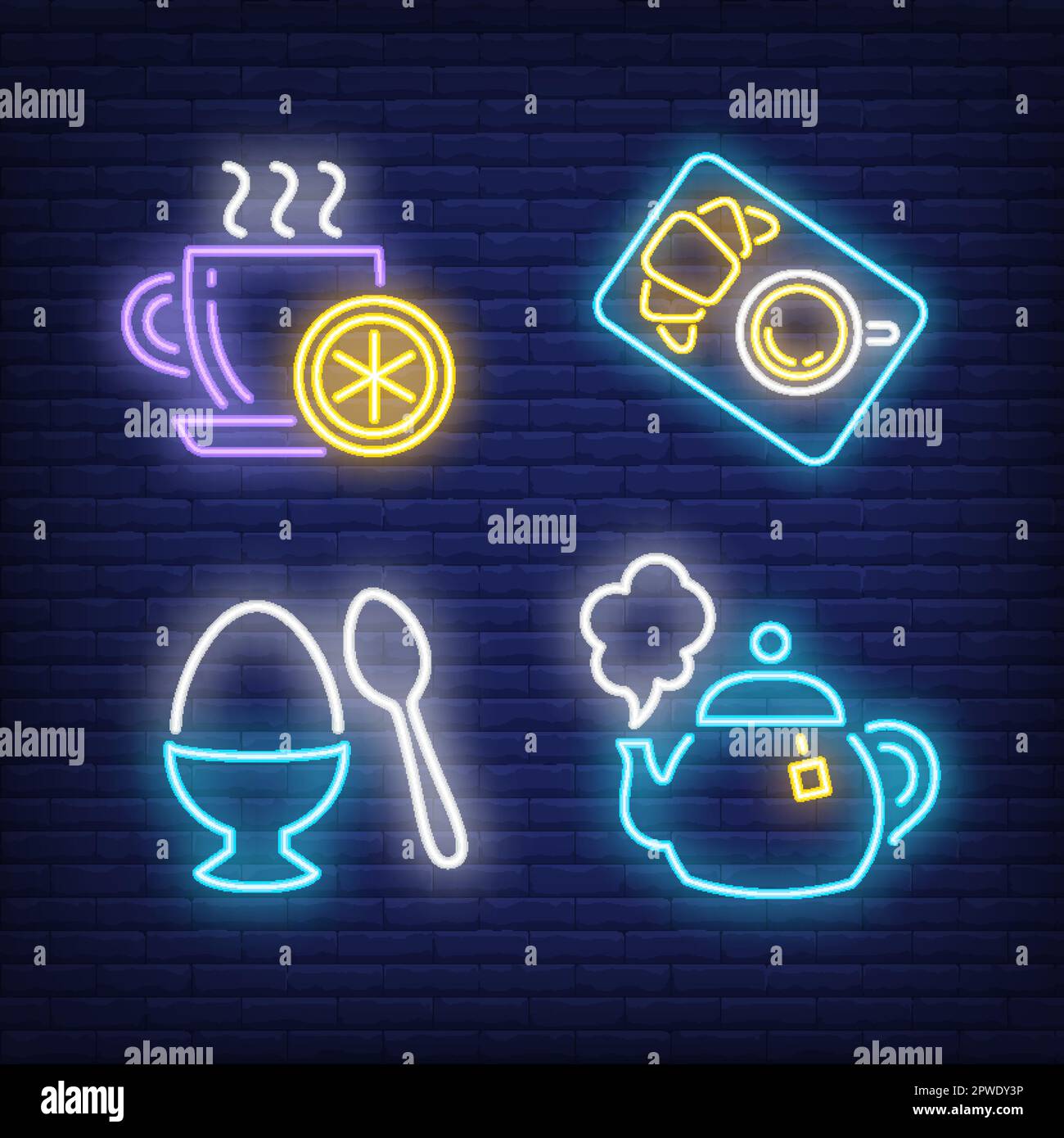 Teapot, soft-boiled egg, cup of coffee and tea neon signs set Stock ...