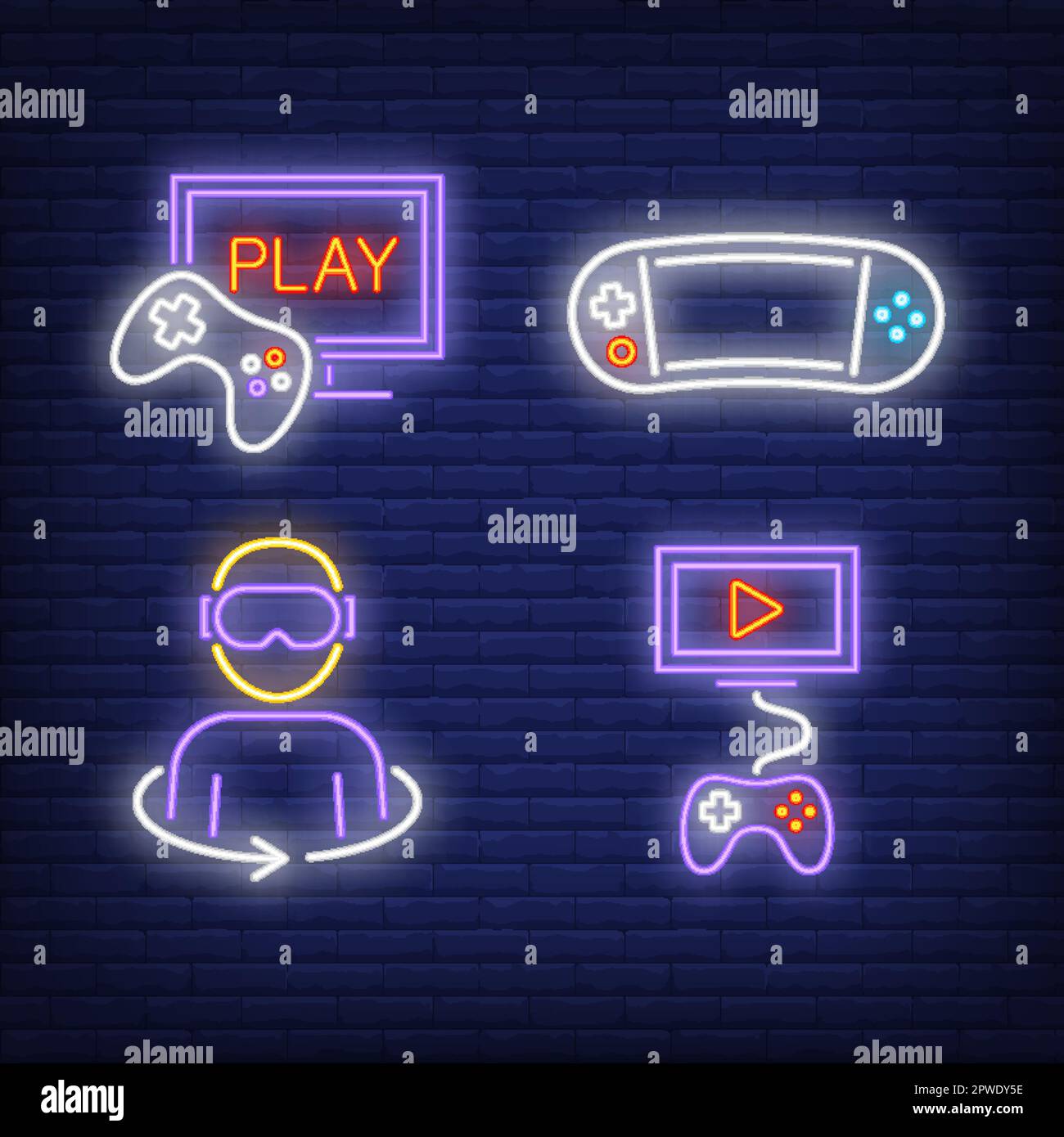 Videogame console, game player and joystick neon signs set Stock Vector ...