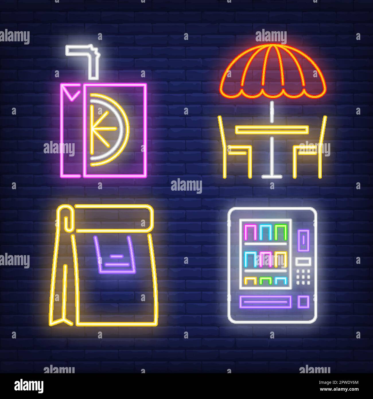 Vendor machine, street cafe, paper bag and juice box neon signs Stock ...