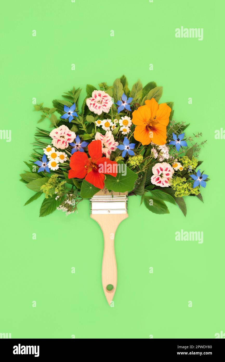 Surreal painting with summer flowers, wildflowers and herbs concept ...