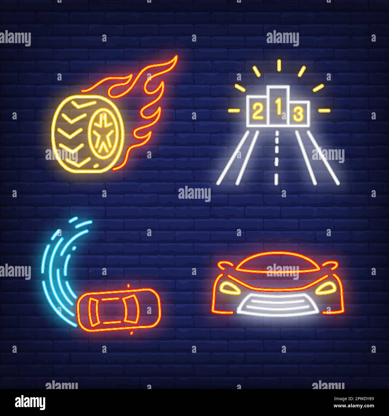 Racing cars, winners podium and wheel on fire neon signs set Stock ...