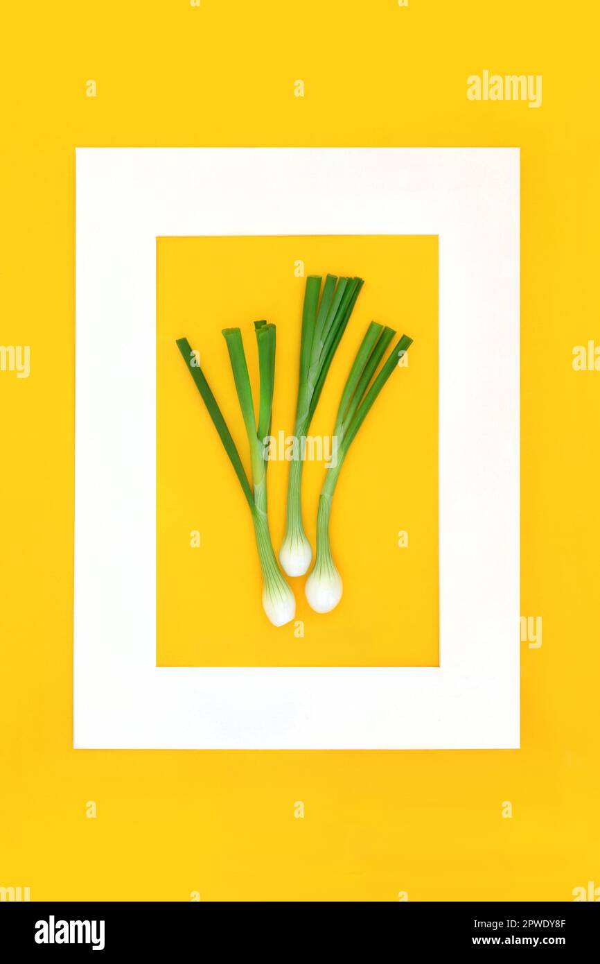 Spring onions healthy salad background border. Fresh food, high in ...