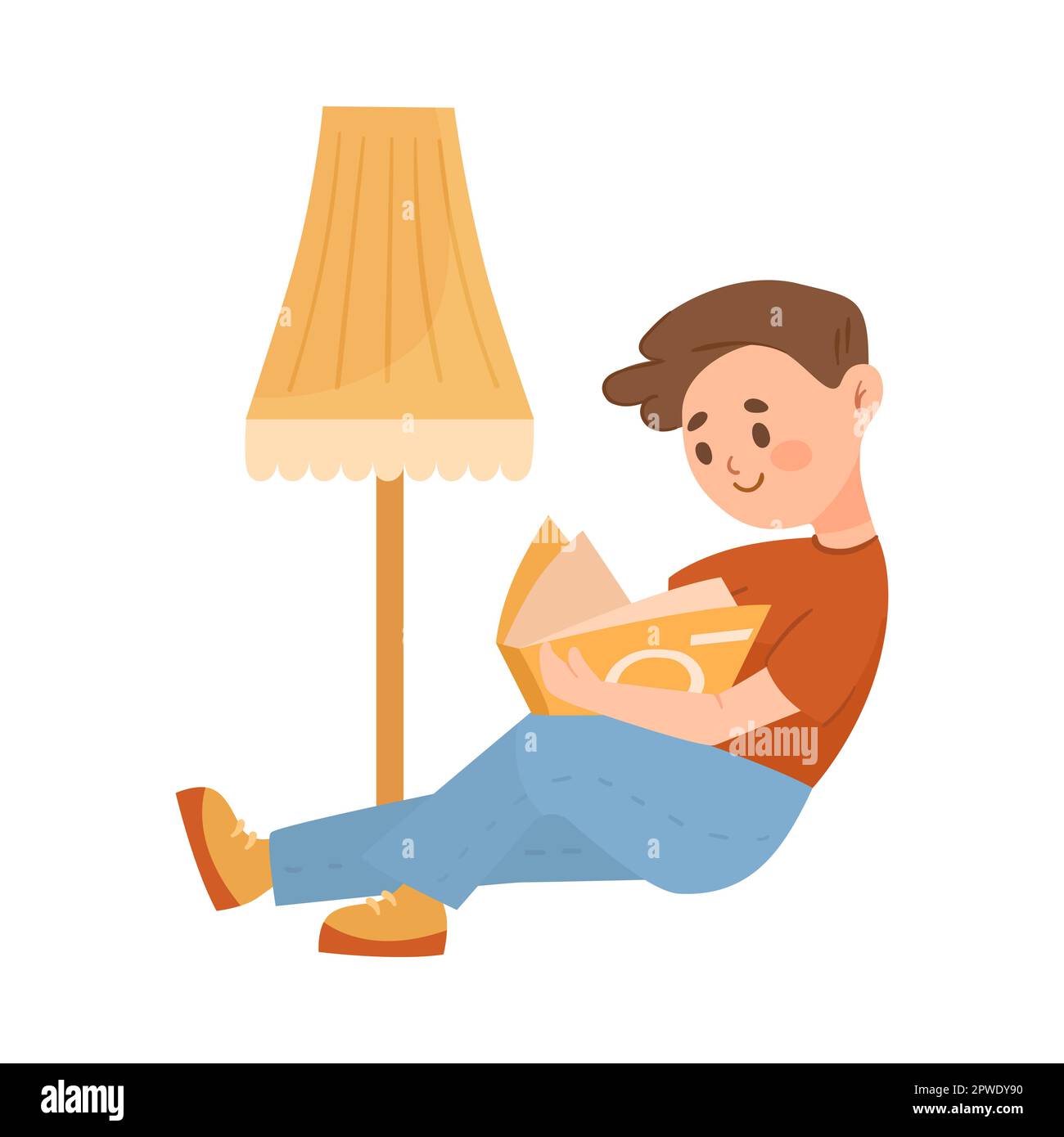 Happy boy with brown hair reading book cartoon illustration Stock ...