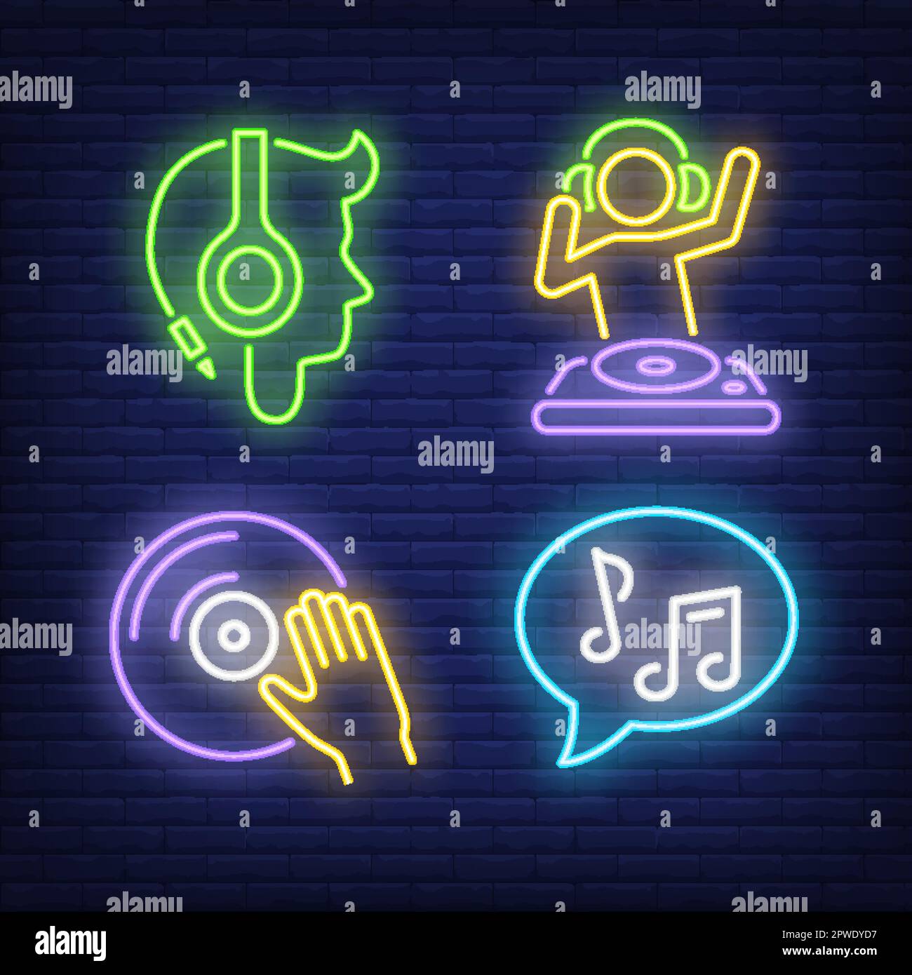 Vinyl disk, DJ, music notes and man with headphones neon signs Stock ...