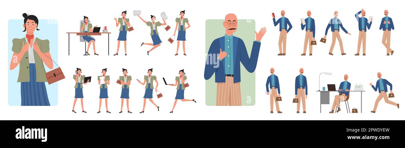 Business people pose set vector illustration. Cartoon isolated busy ...