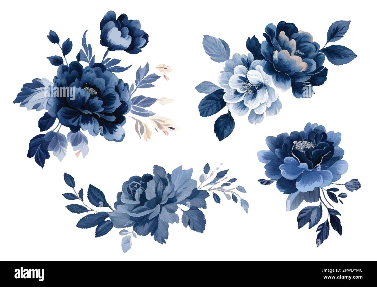 Set of floral branch. Flower navy blue rose, leaves. Wedding concept ...