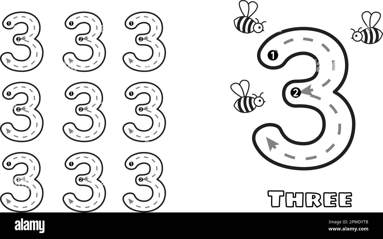 Number Three trace practice worksheet for prek kids and toddlers ...