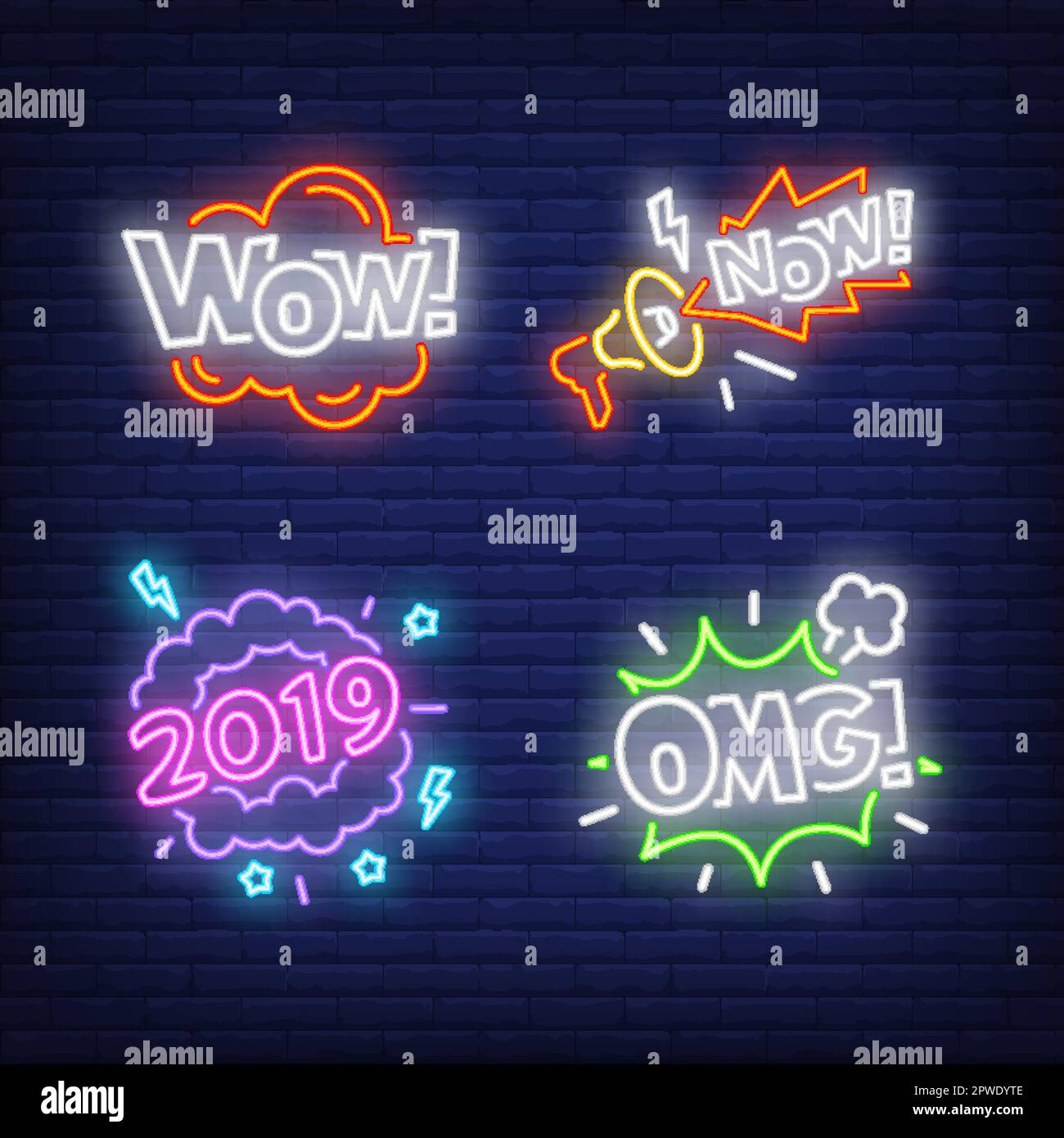 Exclamations neon sign set. OMG, Wow, Now Stock Vector Image & Art - Alamy