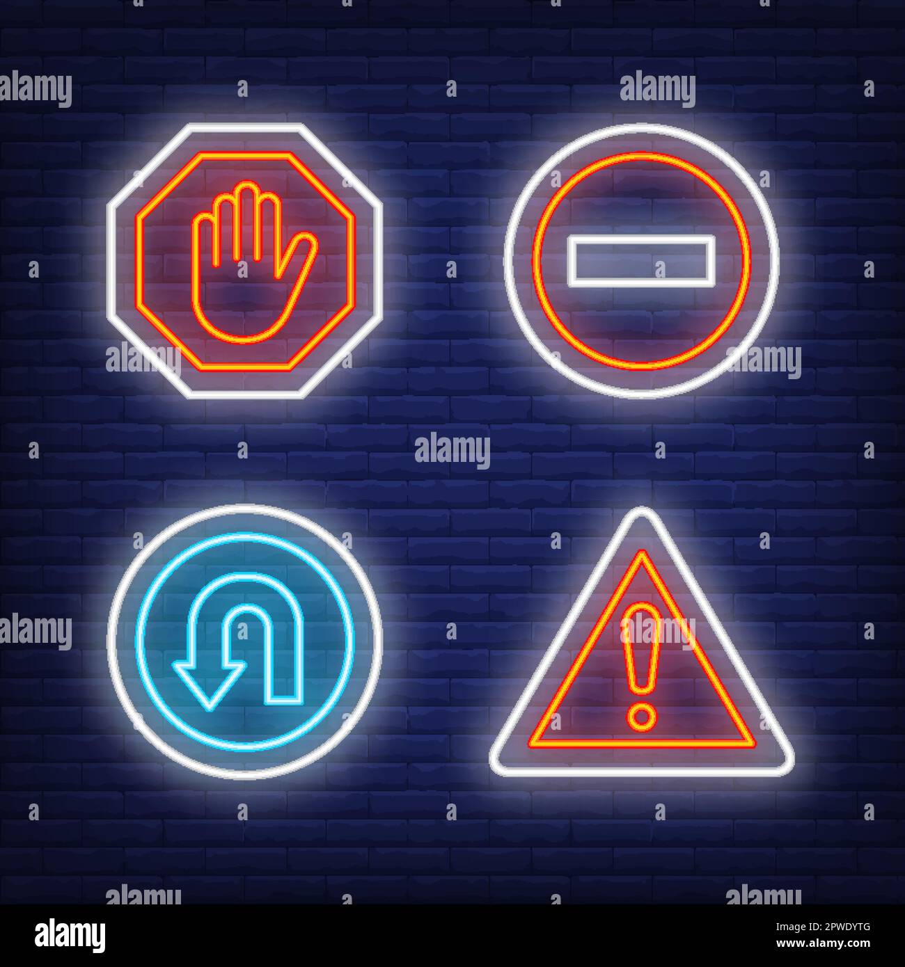 Exclamation mark, turn and stop traffic neon signs set Stock Vector ...