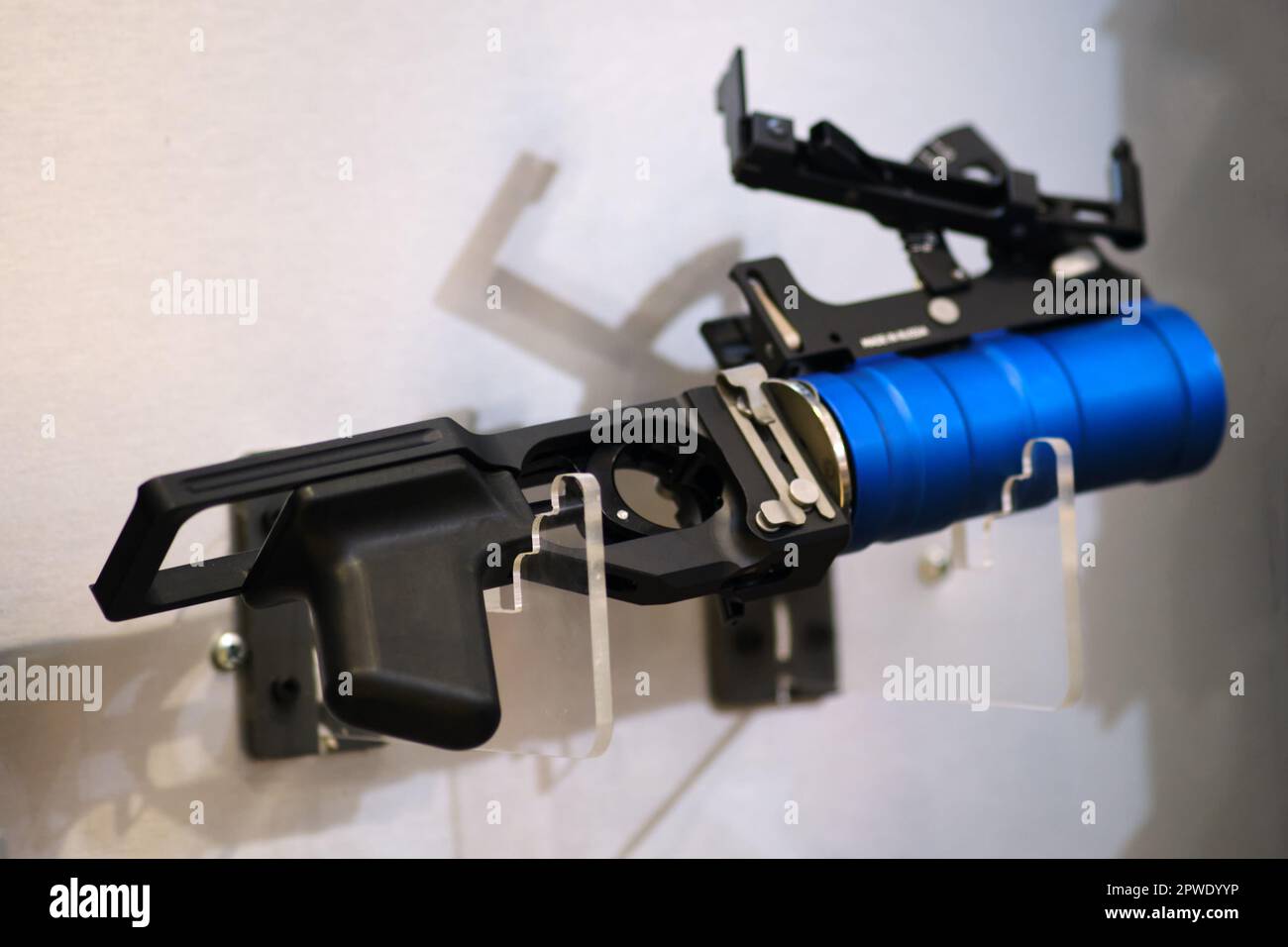 A training rocket launcher filled with pyrotechnics, used to safely ...