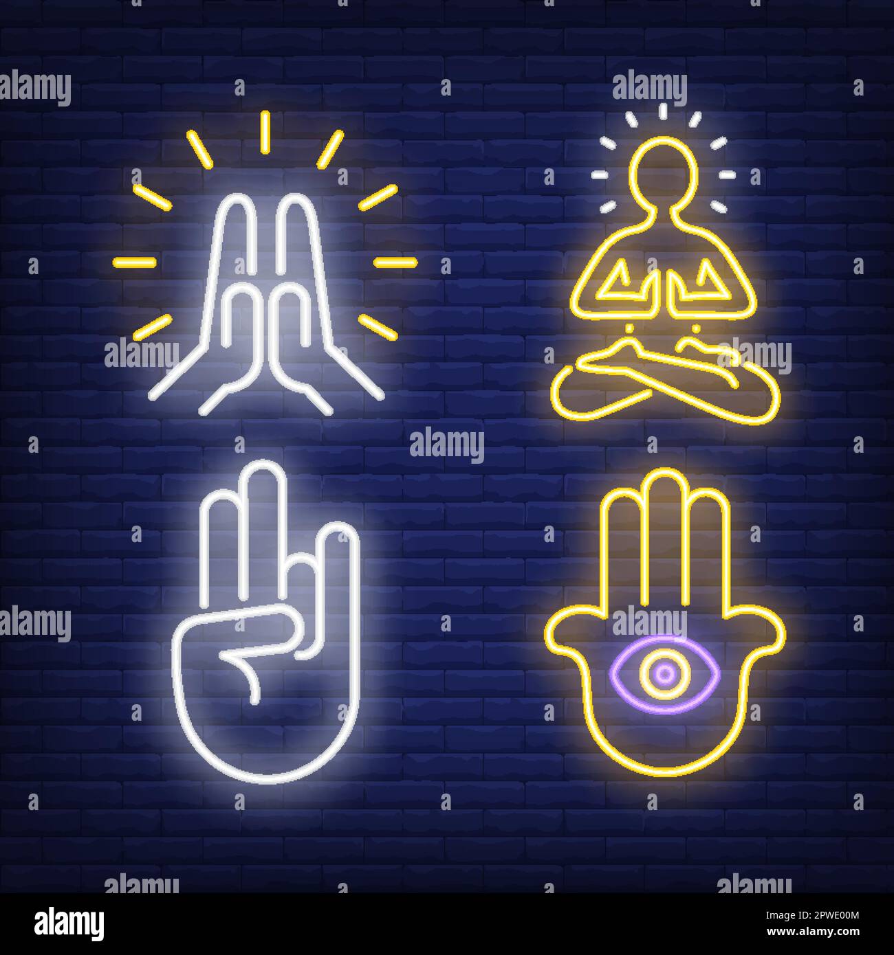 Mudra gestures, hamsa hand and person meditating neon signs set Stock Vector Image & Art - Alamy