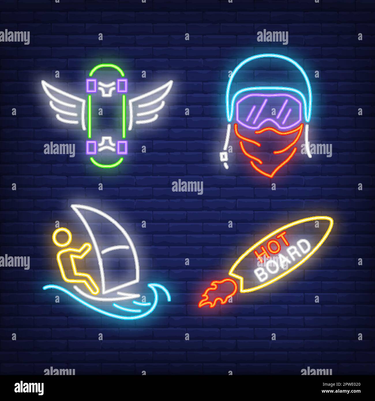 Surfboard, skateboard and person windsurfing neon signs set Stock ...