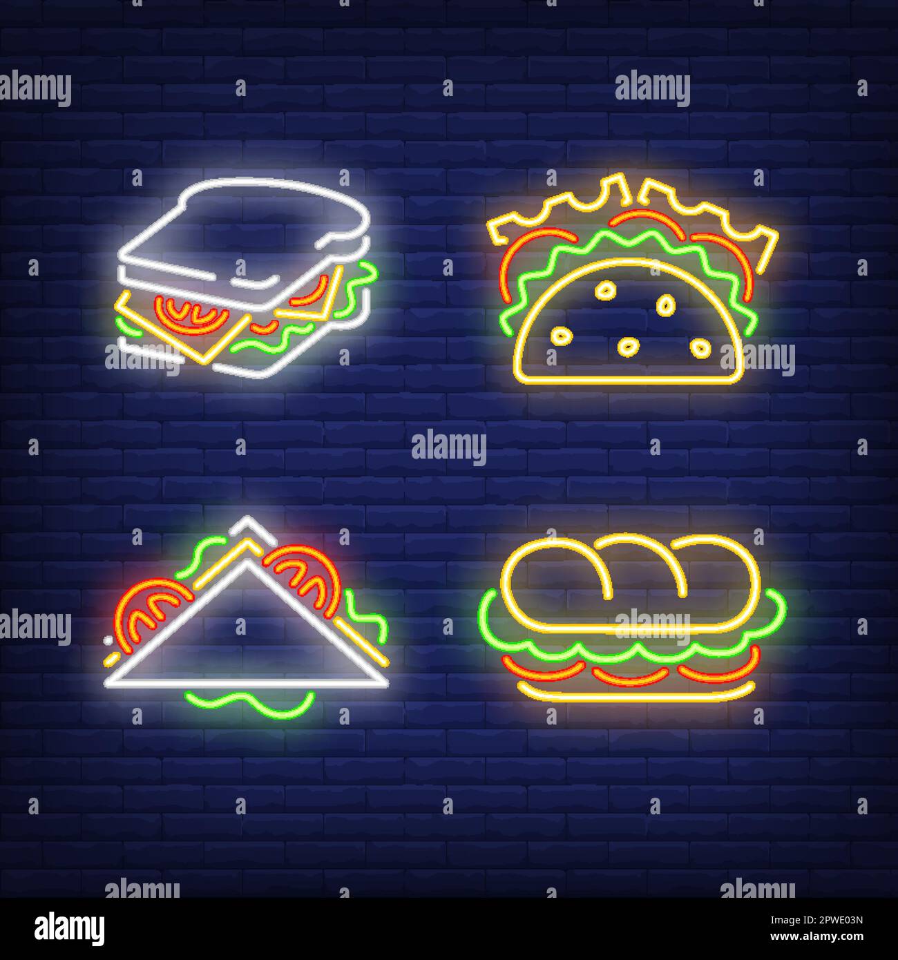 Sandwiches with cheese, tomatoes and lettuce neon signs set Stock ...