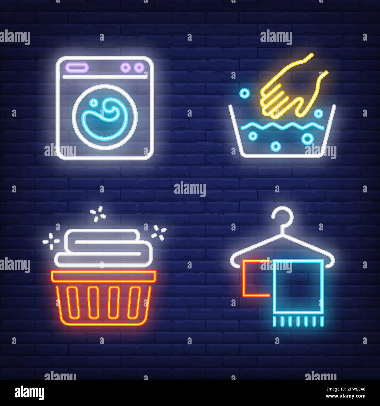 Washing machine, hand washing and clean linen neon signs set Stock ...